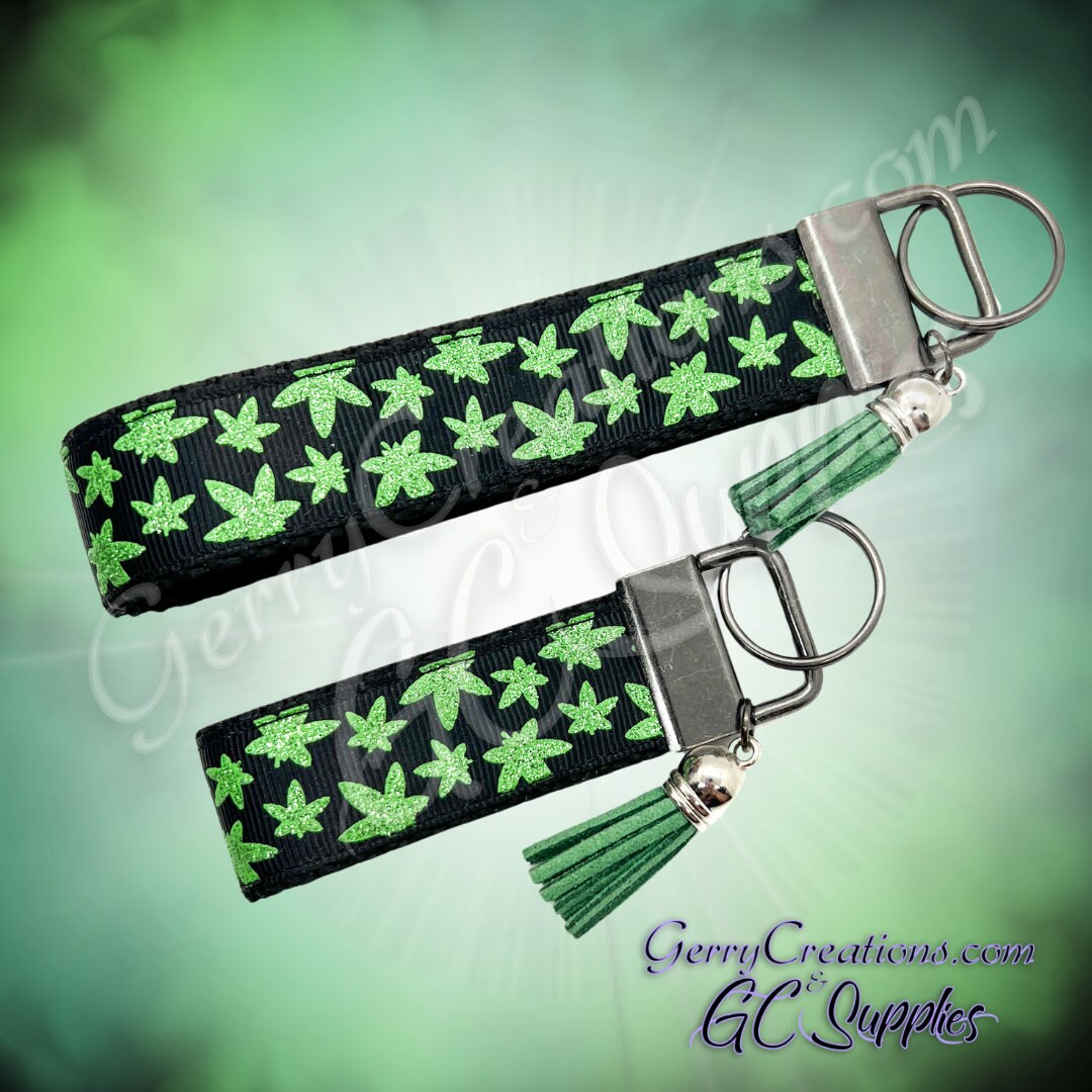 Green Glitter Leaf Weed Pot USDR Ribbon Keyfob Keyring Keychain Fob ...