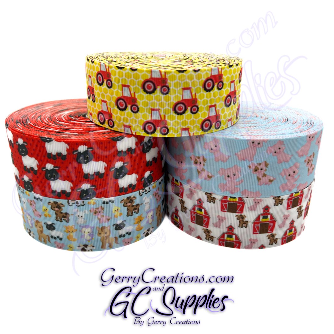 Farm Yard - USDR Grosgrain Ribbon 1.5” Animals, Tractors, Barn, Pigs ...