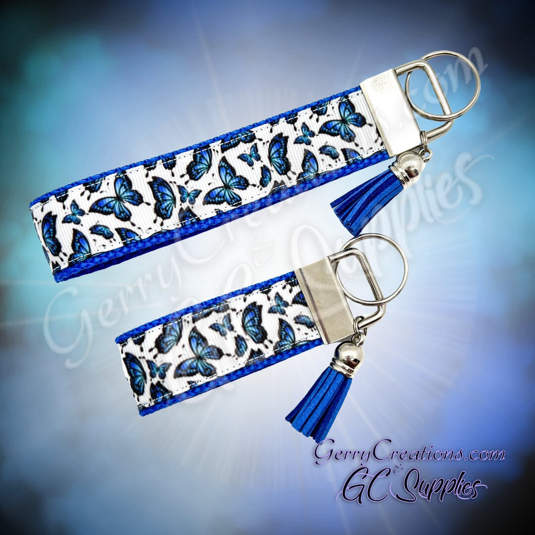 Butterflies in Vibrant Blue to Aqua USDR Ribbon Keyfob Keyring Keychain ...