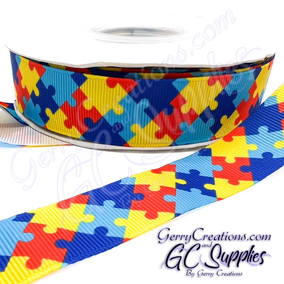 Awareness - Red Blue Yellow Puzzle - Grosgrain Ribbon 7/8” Puzzle ...