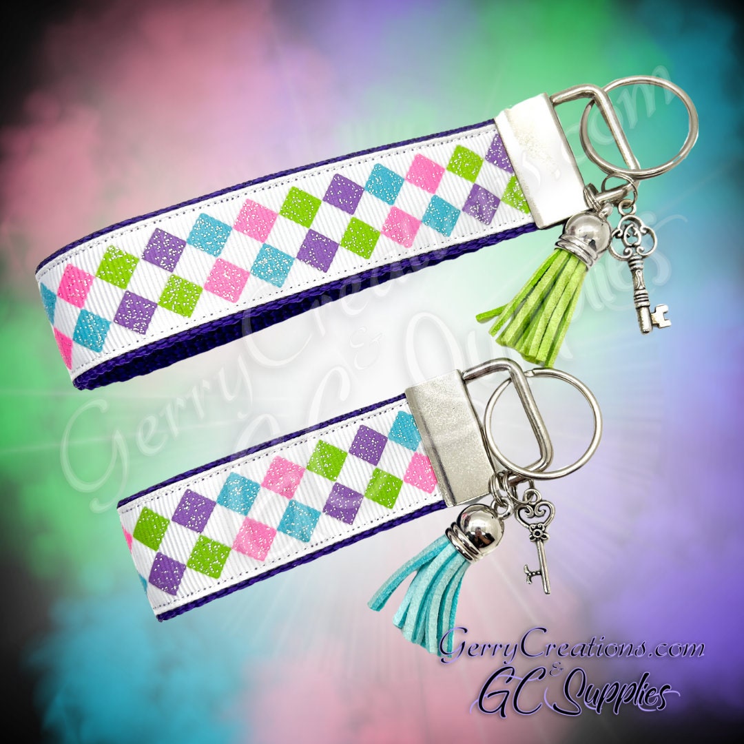 Colorful Diamond Pattern Green Blue Pink Purple USDR Ribbon Keyfob ...