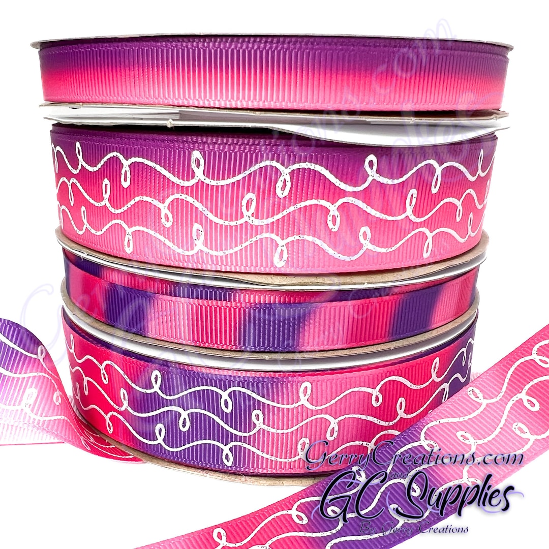 White Squiggles - Purple, Pink, Hot Pink Ombre - USDR Grosgrain Ribbon ...