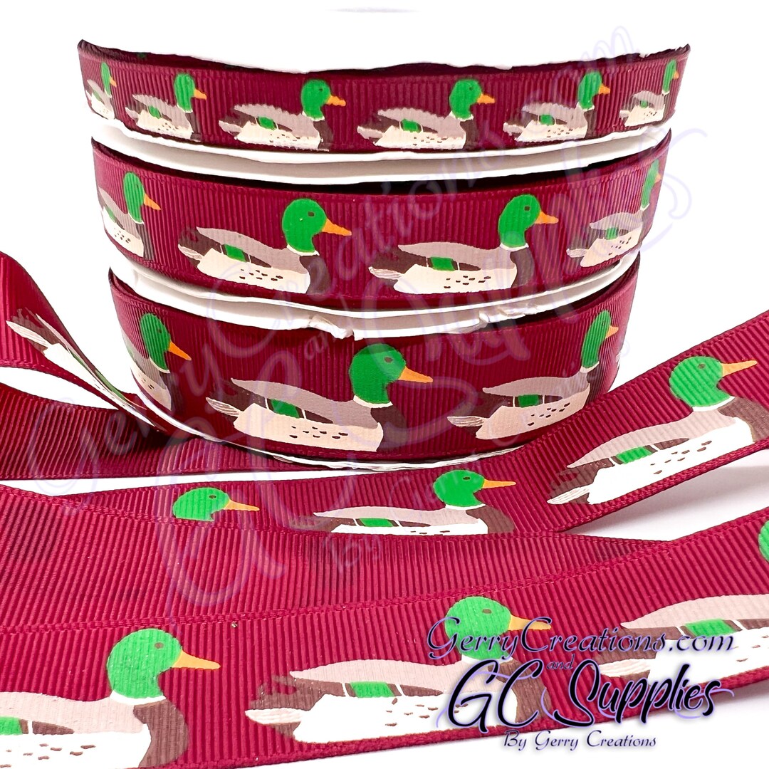 Mallard Ducks - Wine - USDR Grosgrain Ribbon 7/8”, 5/8” & 3/8” Swimming ...