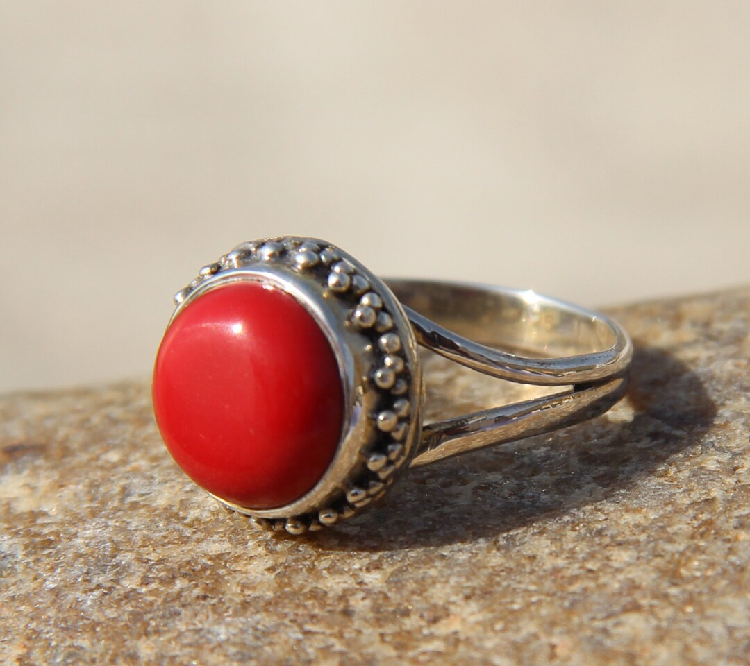 925 Solid Sterling Silver * Round Shape Gemstone Red Coral * Gift for ...