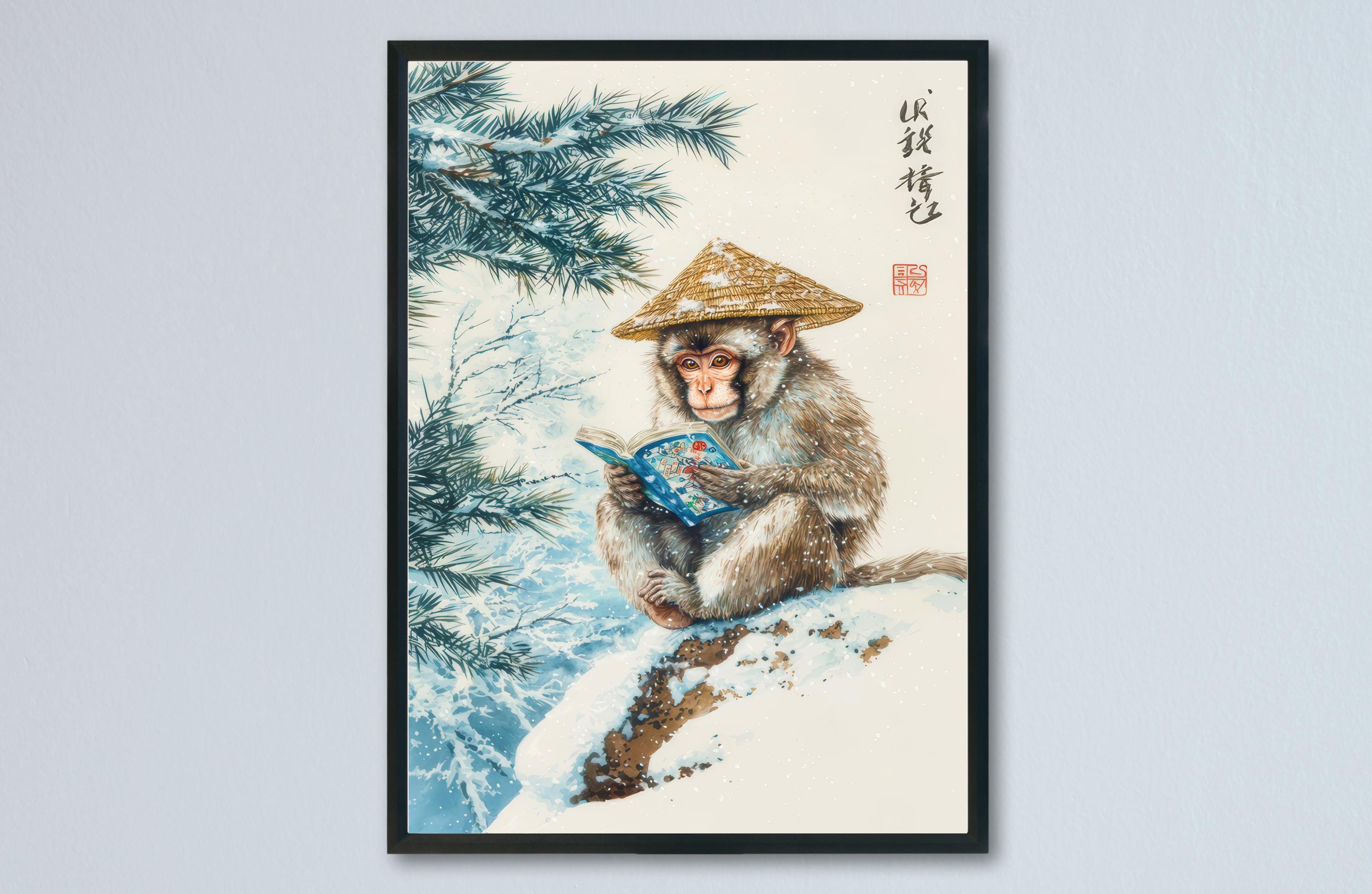 Monkey Reading Comic Woodblock Print Ukiyo-e Style Japanese Animal Art ...