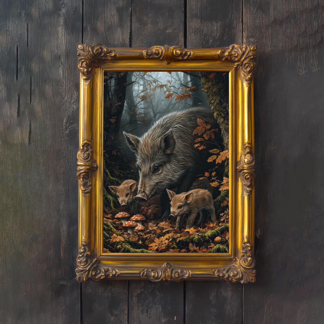Wild Boars Cottagecore Print Poster Vintage Woodland Animal Art Dark ...