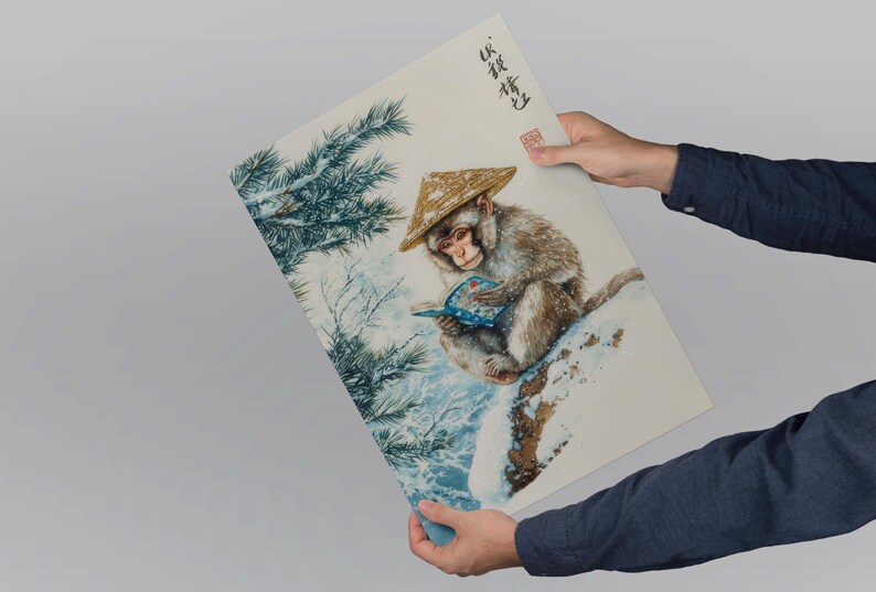 Monkey Reading Comic Woodblock Print Ukiyo-e Style Japanese Animal Art ...