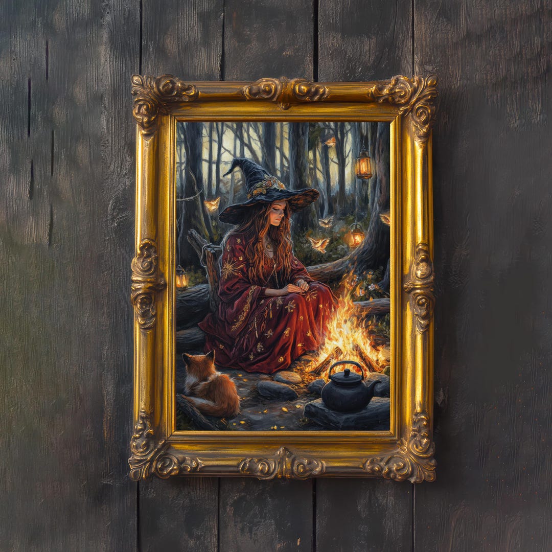 Firelight Witch Cottagecore Print Poster Vintage Magical Art Dark ...