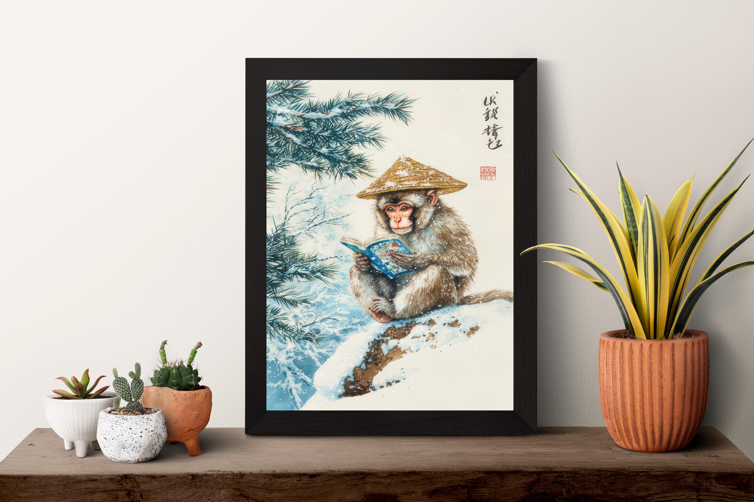 Monkey Reading Comic Woodblock Print Ukiyo-e Style Japanese Animal Art ...