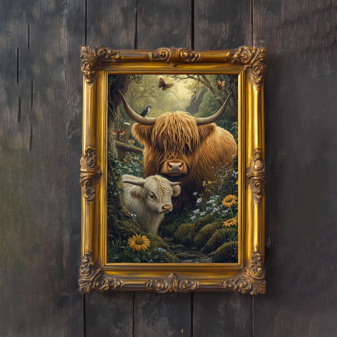 Highland Cow Cottagecore Print Poster Vintage Farm Animal Art Dark ...