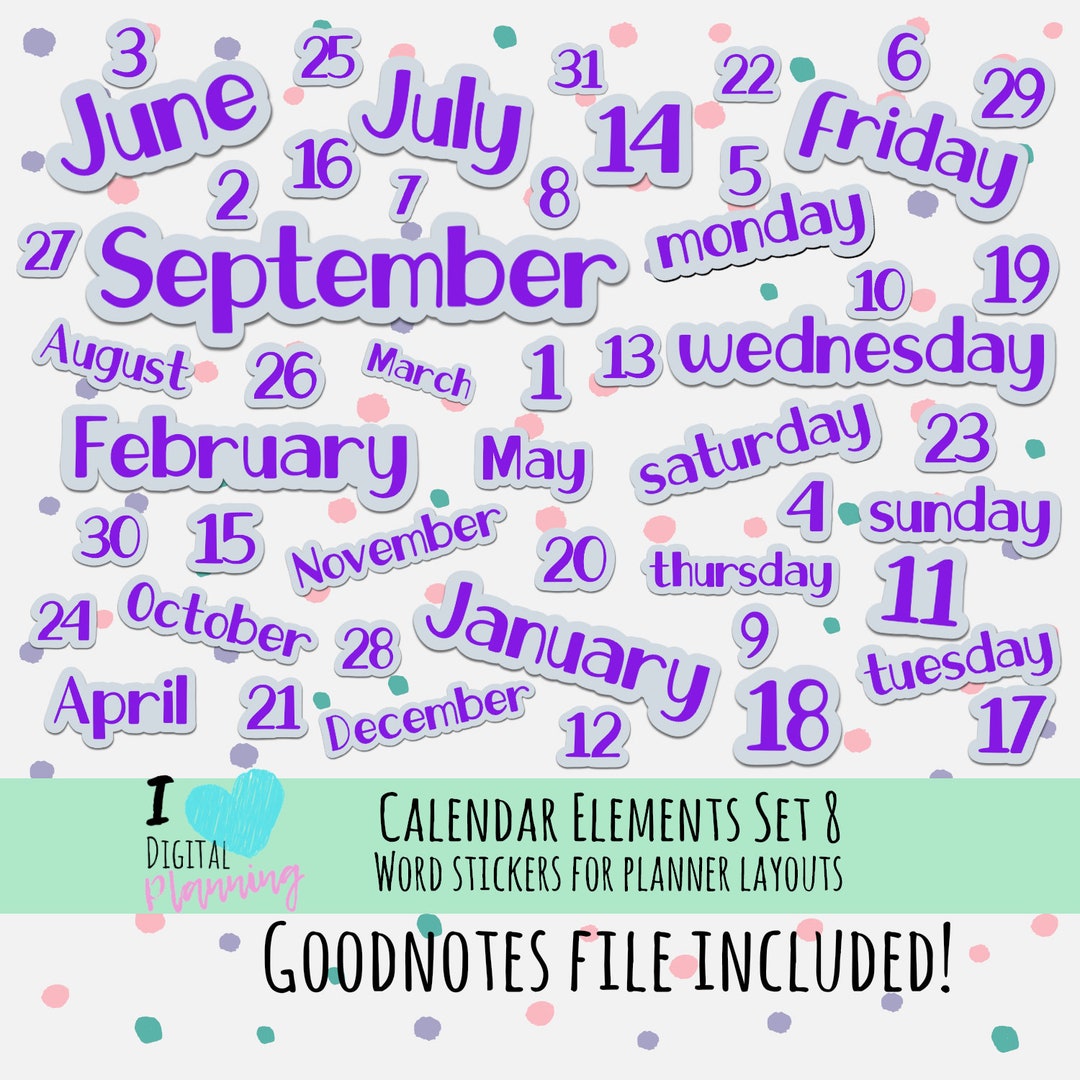 Calendar Elements Decorative Word Digital Planner Stickers Set 8 PNG ...