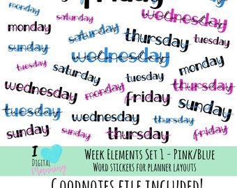 Pink Blue Week Elements Decorative Word Digital Planner Stickers Set 1 ...