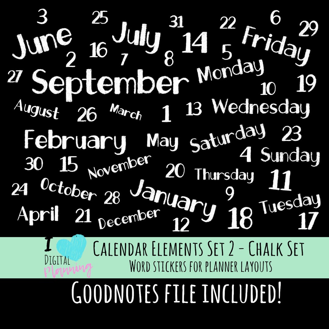 Calendar Elements Decorative Chalk Word Digital Planner Stickers Set 2 ...