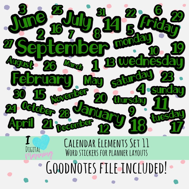 Calendar Elements Decorative Word Digital Planner Stickers Set 11 PNG ...