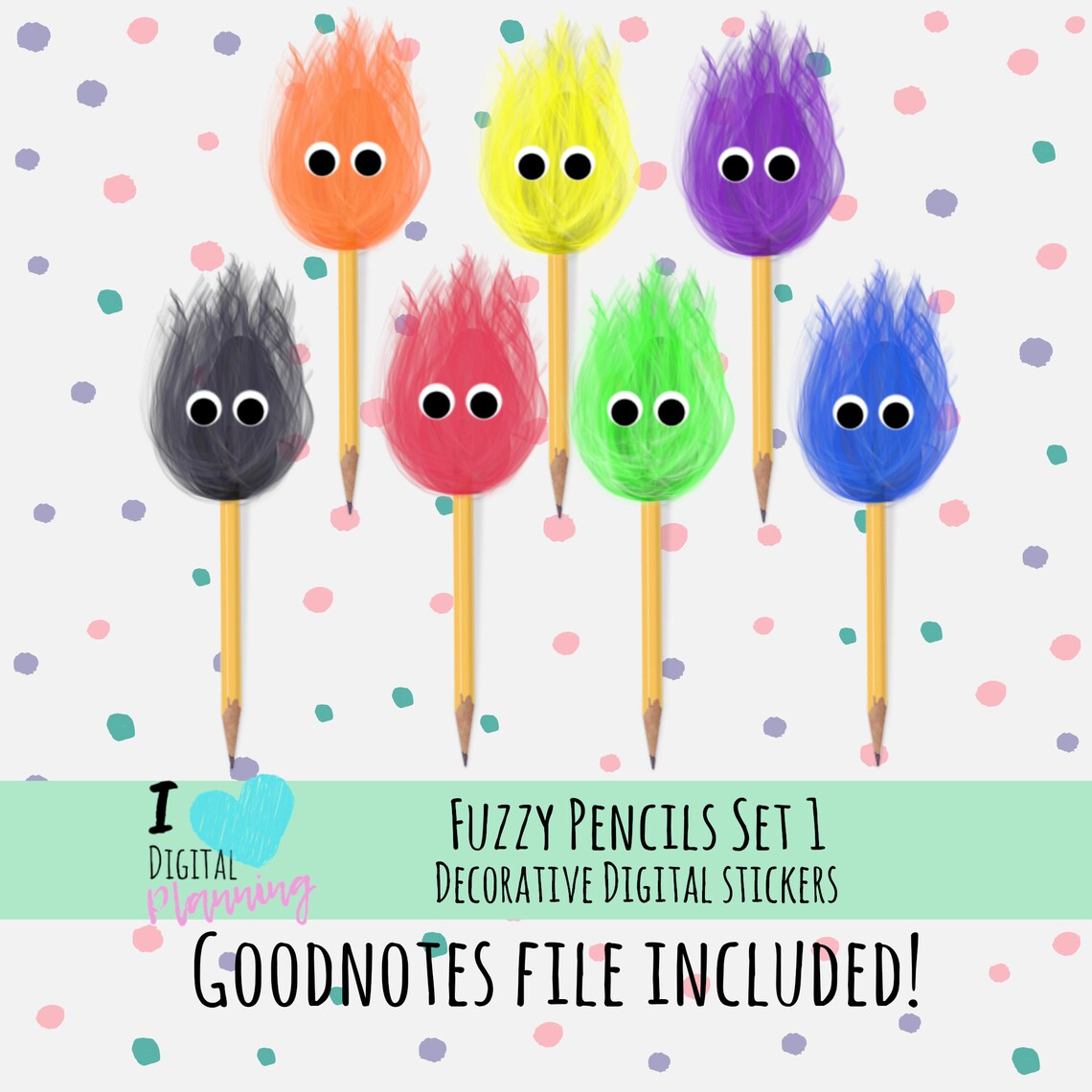 Fuzzy Pencil Stickers Set 1, Decorated Pencil PNG, Digital Planner ...