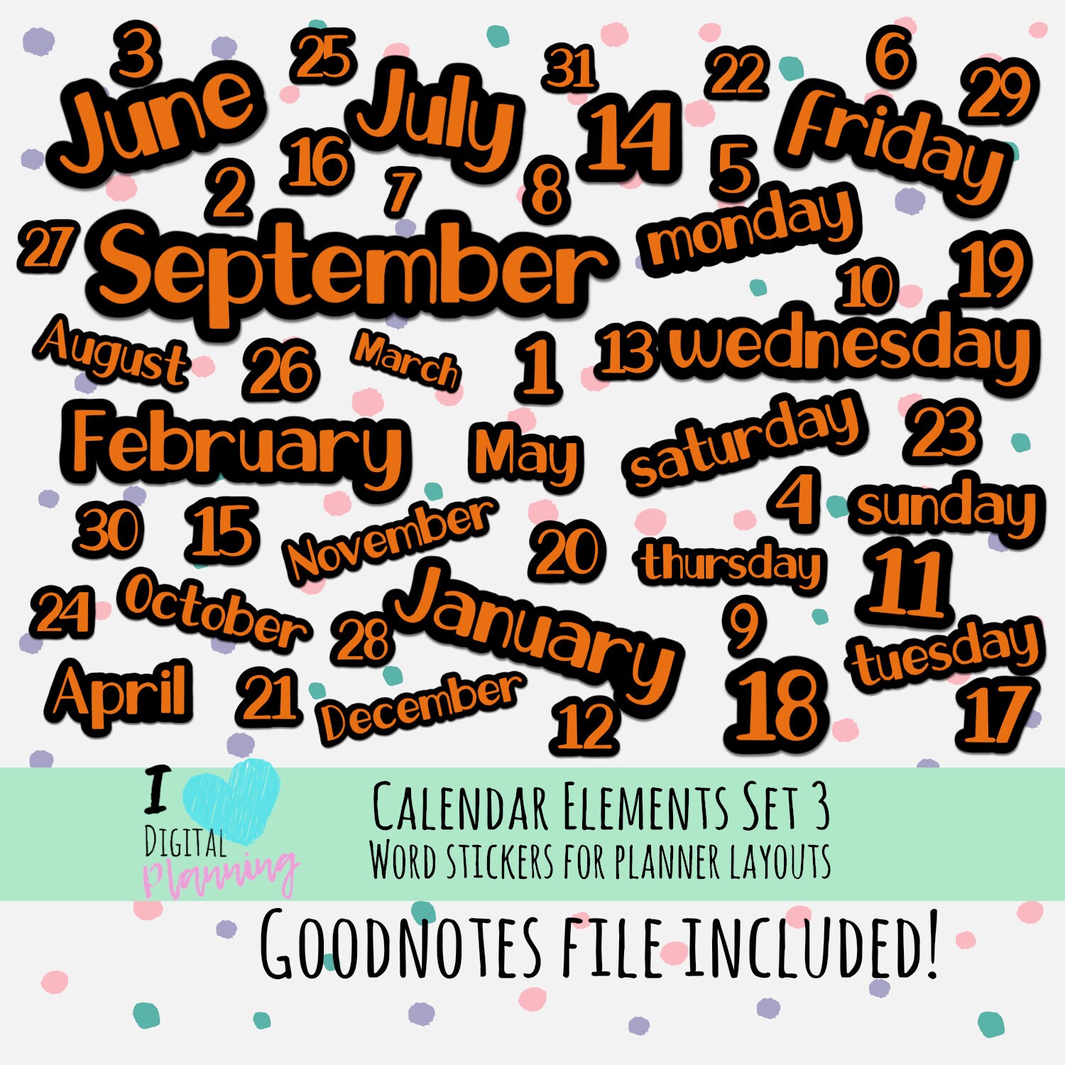 Calendar Elements Decorative Word Digital Planner Stickers Set 3 PNG ...