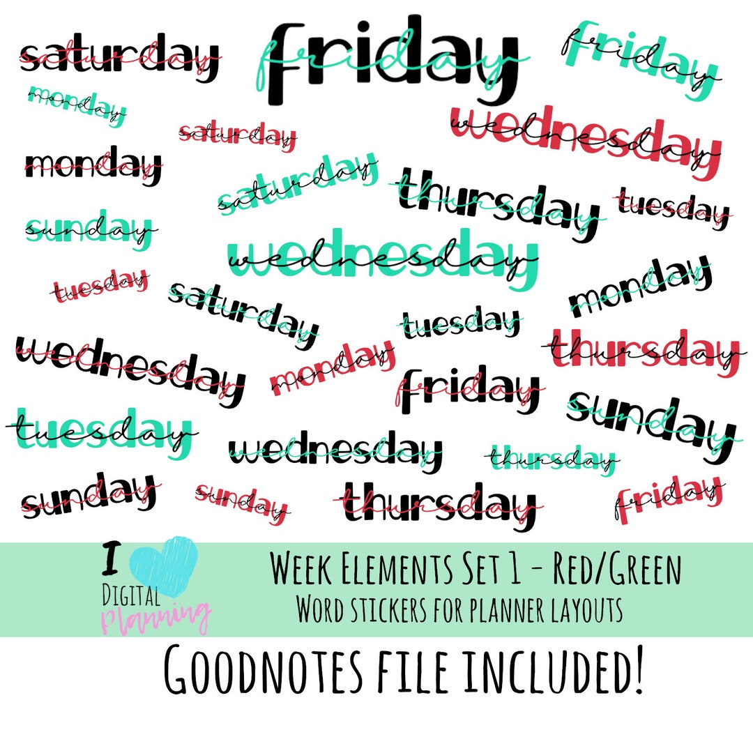 Red Green Week Elements Decorative Word Digital Planner Stickers Set 1 ...