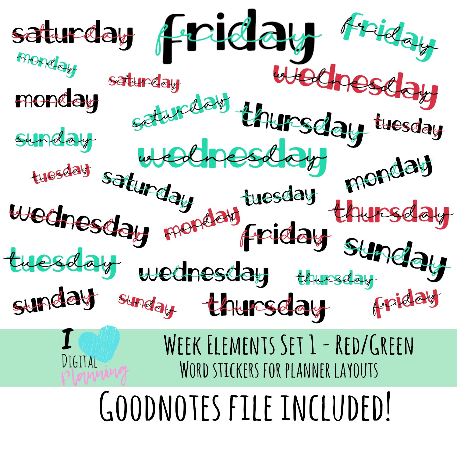 Red Green Week Elements Decorative Word Digital Planner Stickers Set 1 ...