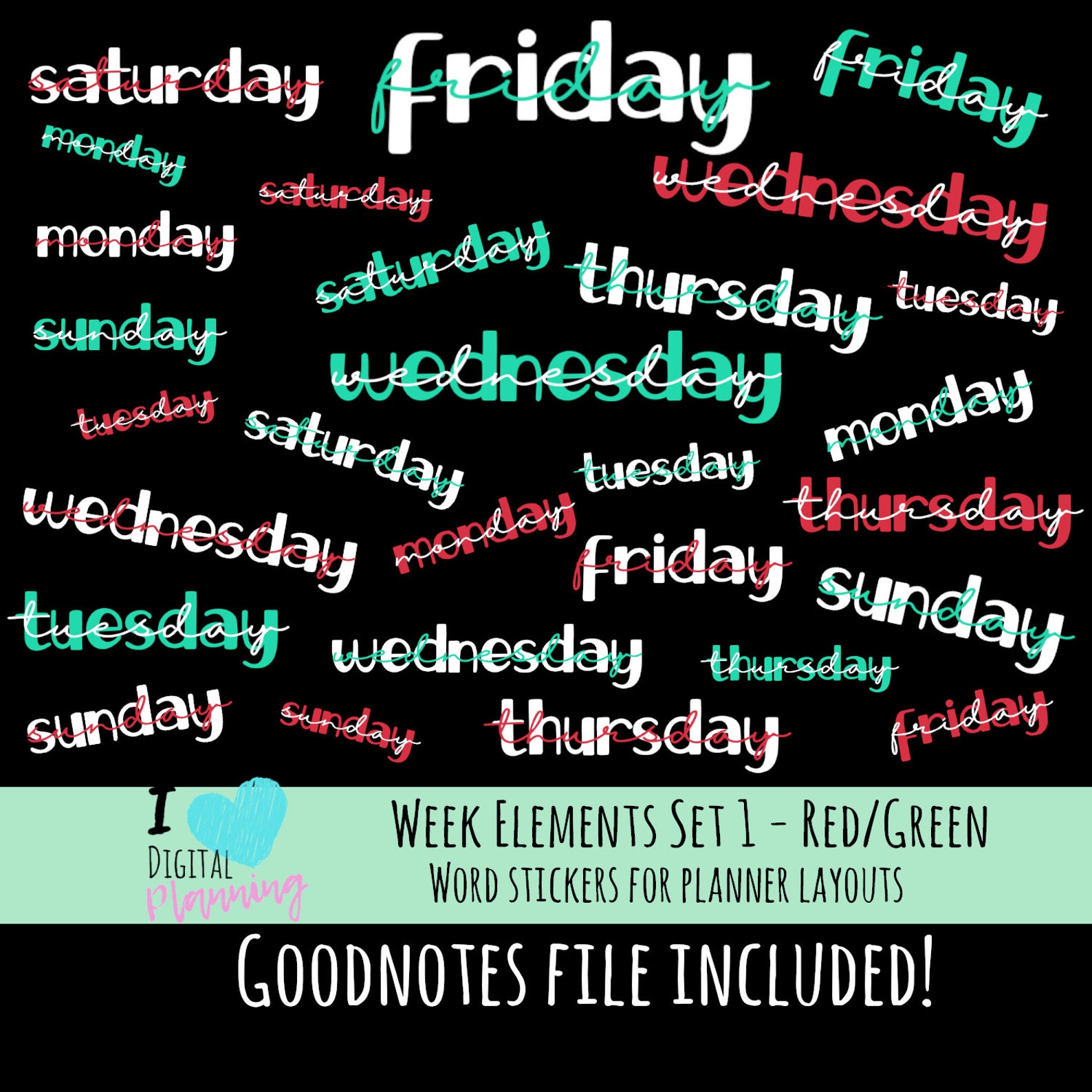 Red Green Week Elements Decorative Word Digital Planner Stickers Set 1 ...
