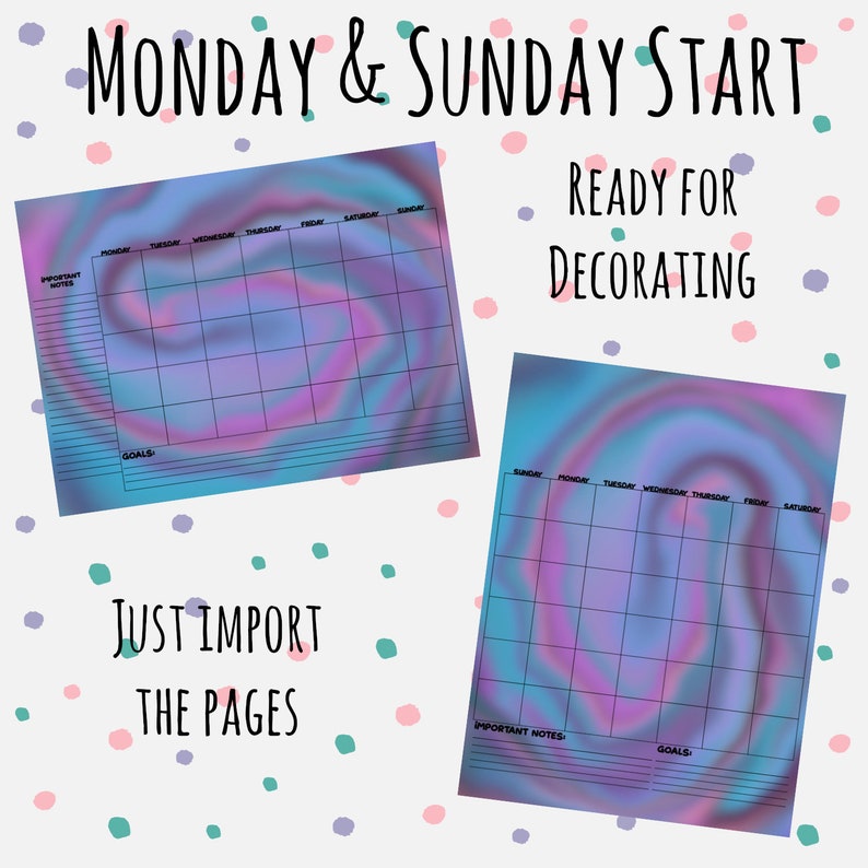 Candy Swirls PDF Planner Pages With Sunday and Monday Starts, Landscape ...