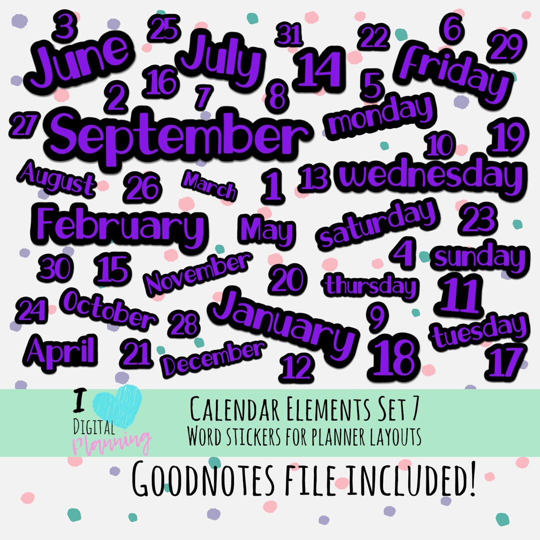 Calendar Elements Decorative Word Digital Planner Stickers Set 7 PNG ...