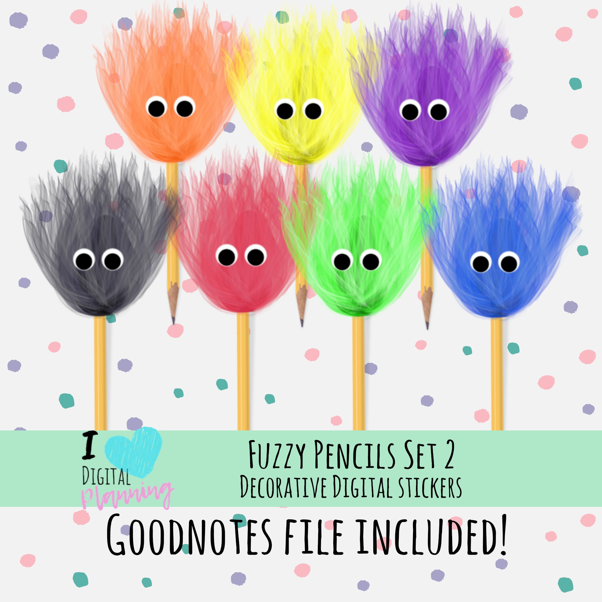 Fuzzy Pencil Stickers Set 2, Decorated Pencil PNG, Digital Planner ...