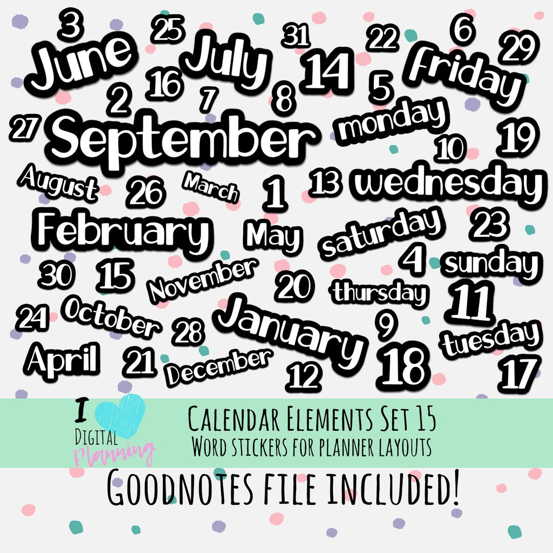 Calendar Elements Decorative Word Digital Planner Stickers Set 15 PNG ...