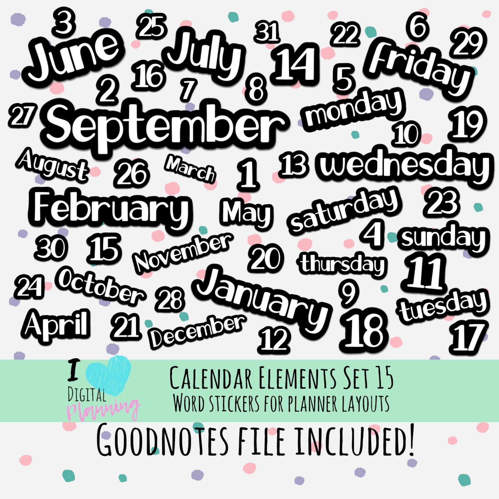 Calendar Elements Decorative Word Digital Planner Stickers Set 15 PNG ...