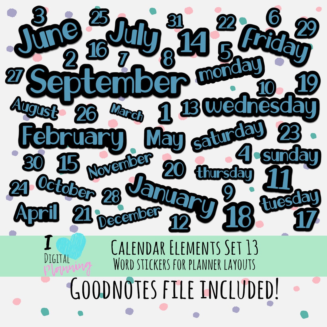 Calendar Elements Decorative Word Digital Planner Stickers Set 13 PNG ...