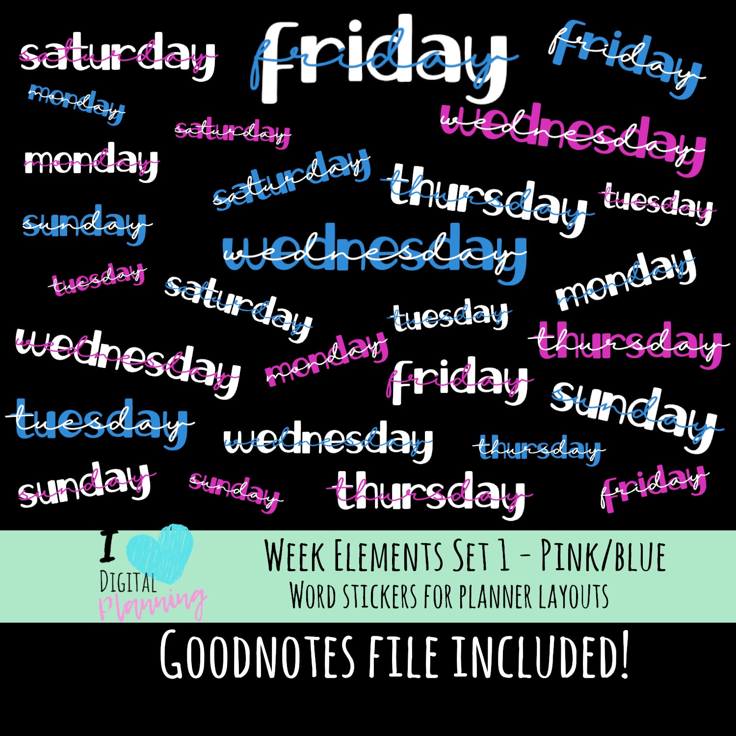 Pink Blue Week Elements Decorative Word Digital Planner Stickers Set 1 ...