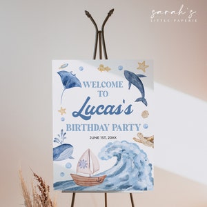Ocean Birthday Sign, Nautical Kids Birthday Party Welcome Sign, Sea ...