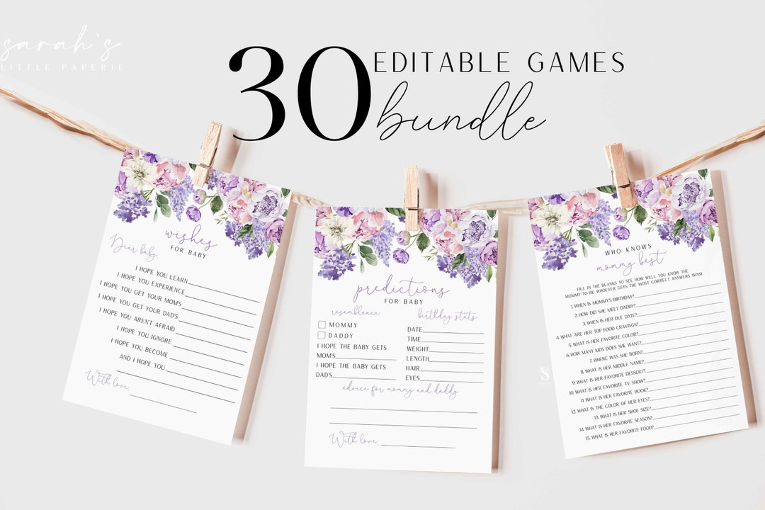 30 Purple Floral Baby Shower Games, Lilac Baby Shower Games Bundle ...