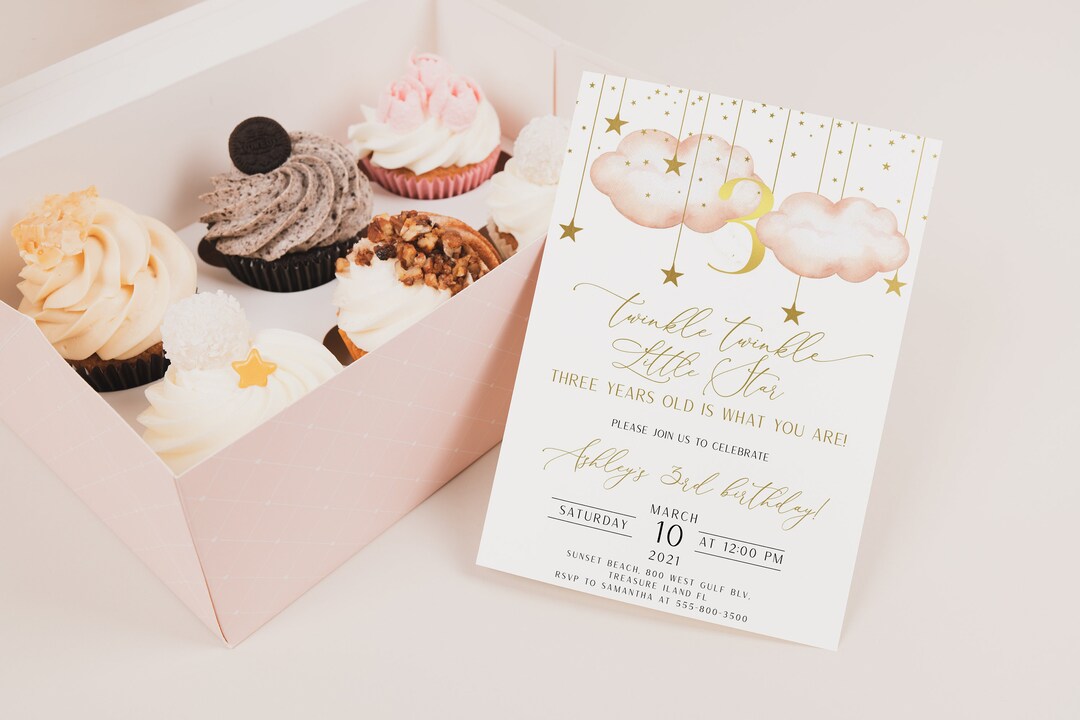 Twinkle Twinkle Little Star Third Birthday Invitation , Gold Moon Stars ...