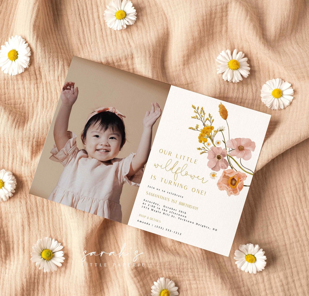 Wildflower Birthday Photo Invitation, Boho Wildflowers Invitation ...