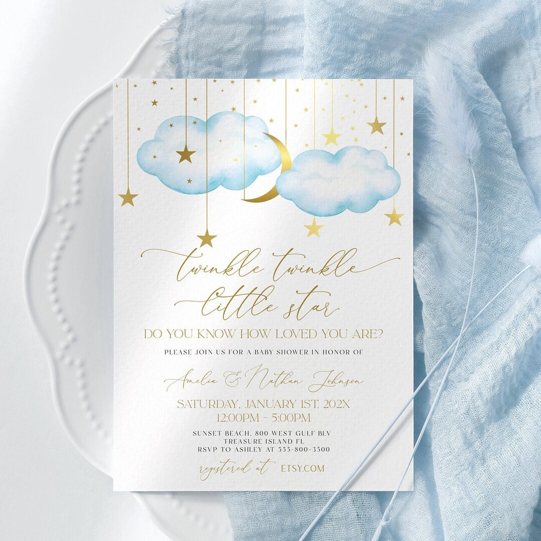Moon and Stars Baby Shower Invitation, Blue Clouds Baby Shower ...