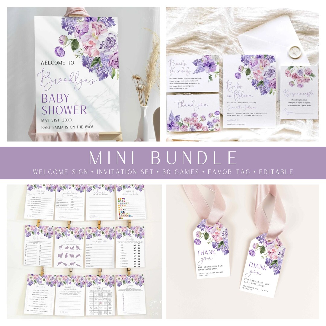 Baby in Bloom Baby Shower Bundle | Purple Floral Baby Shower Bundle ...