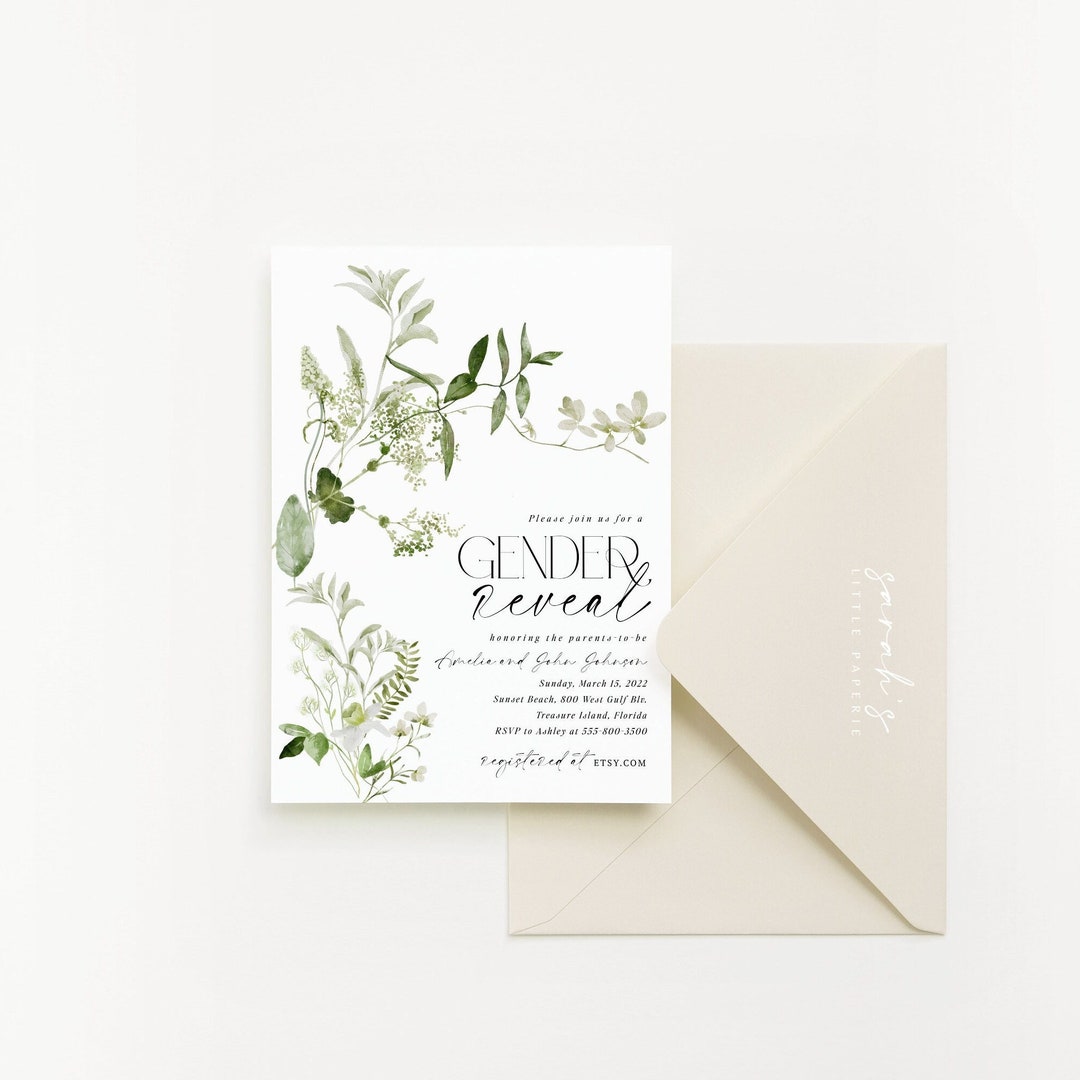Gender Neutral Gender Reveal Invitation, Greenery Gender Reveal ...