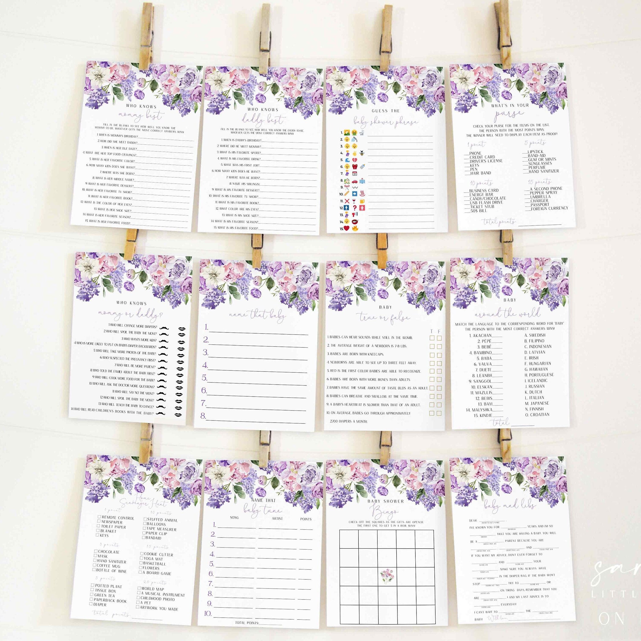30 Purple Floral Baby Shower Games, Lilac Baby Shower Games Bundle ...