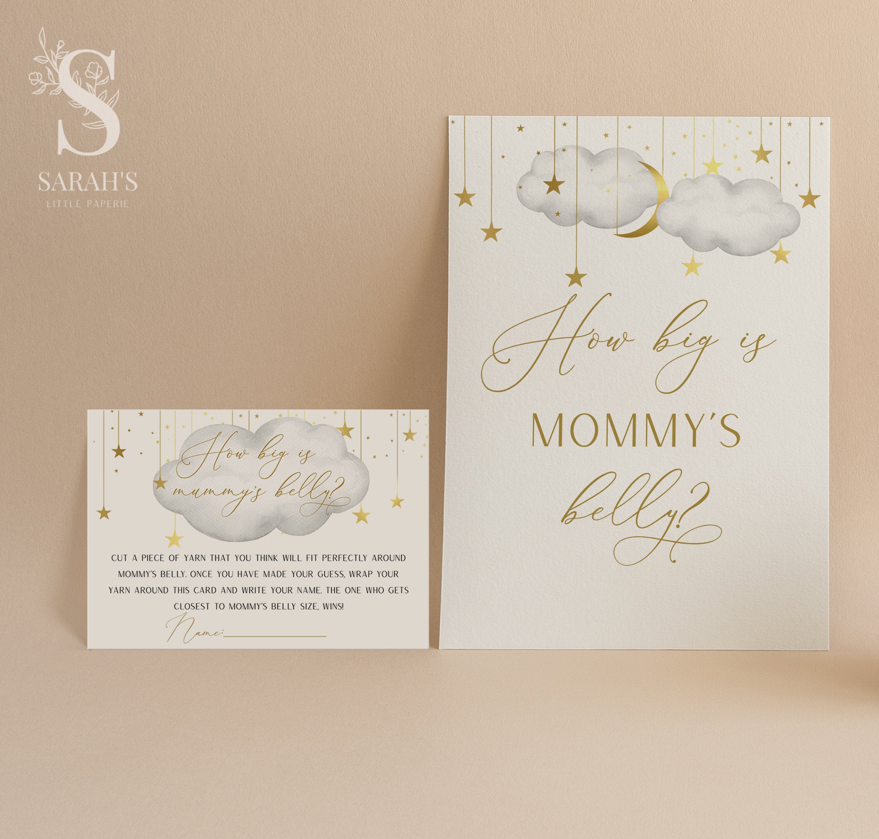 How Big is Mommy's Belly Sign + Cards, Moon Stars Baby Shower Game ...