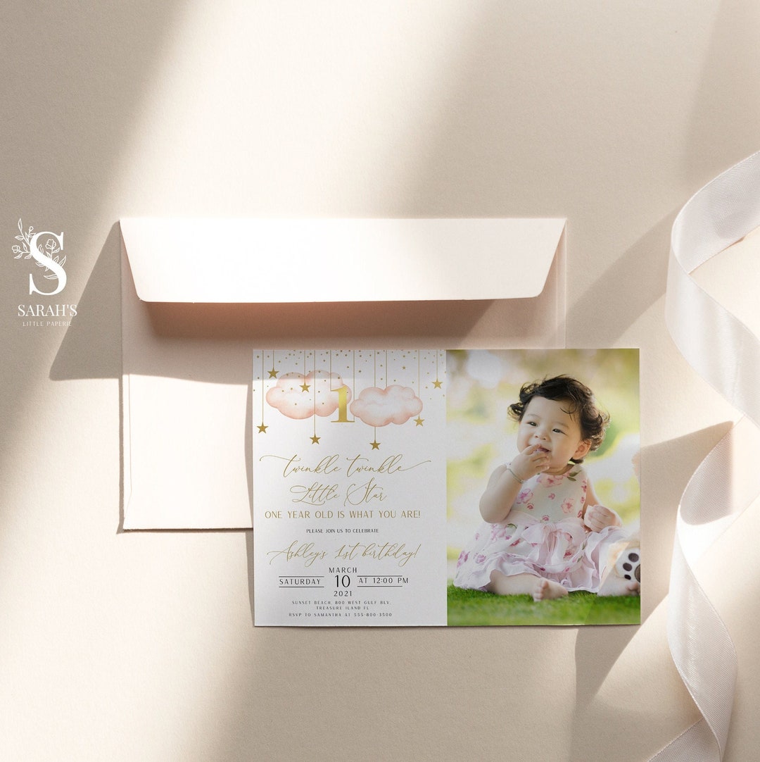 Twinkle Twinkle Little Star First Birthday Photo Invitation , Gold Moon ...