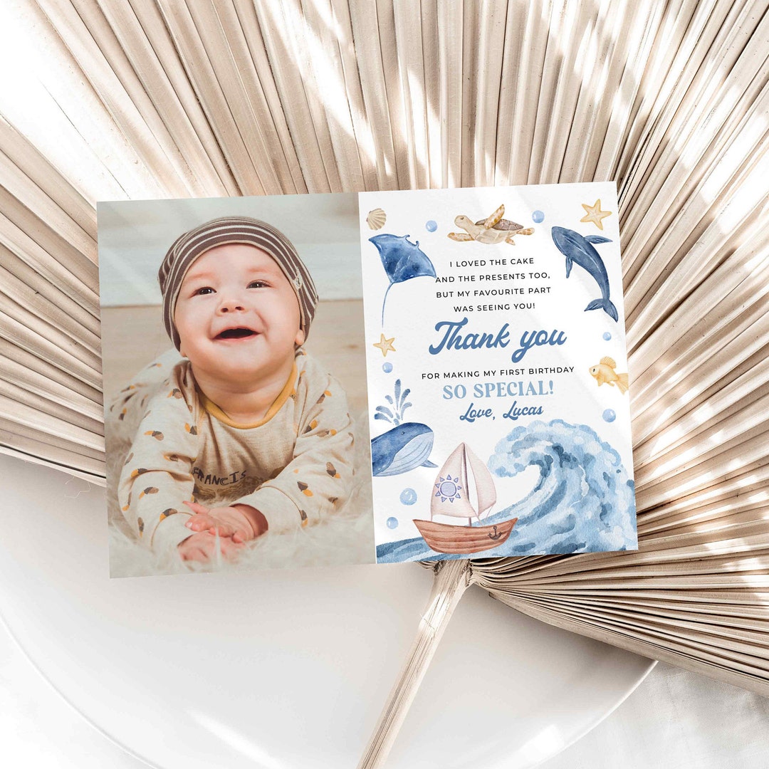 Ocean Birthday Photo Thank You Card, Nautical Kids Birthday Card , Sea ...