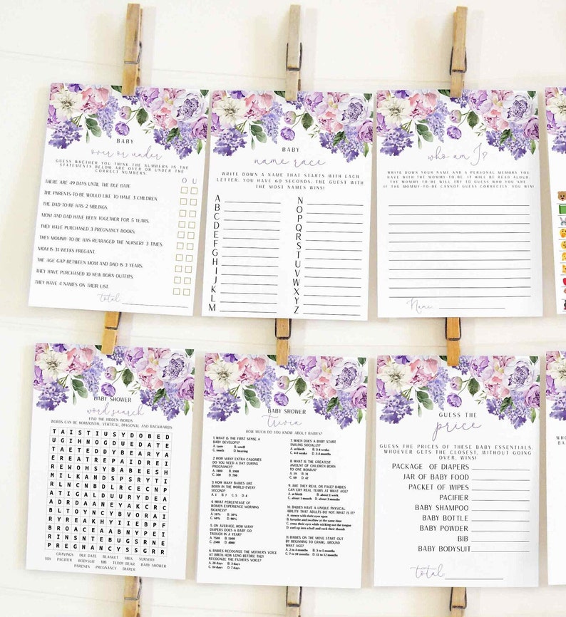 30 Purple Floral Baby Shower Games, Lilac Baby Shower Games Bundle ...