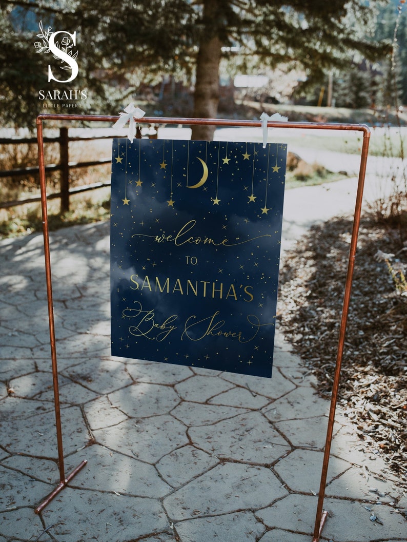 Moon Stars Baby Shower Welcome Sign, Navy and Gold Baby Shower Sign ...