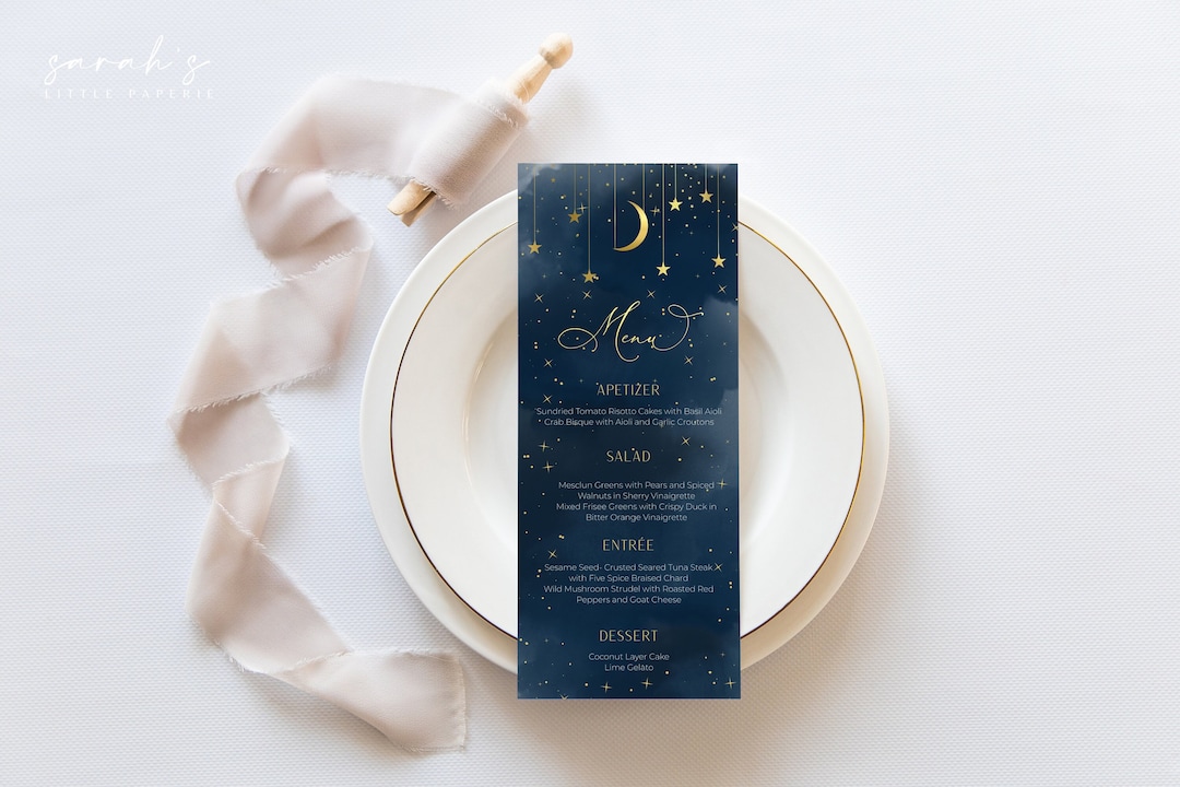 Moon Stars Menu, Navy Blue and Gold Menu, Celestial Wedding Menu, Baby ...