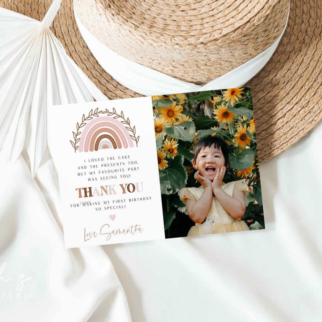 Bohemian Rainbow Photo Thank You Card, Flat Thank You Card, EDITABLE ...
