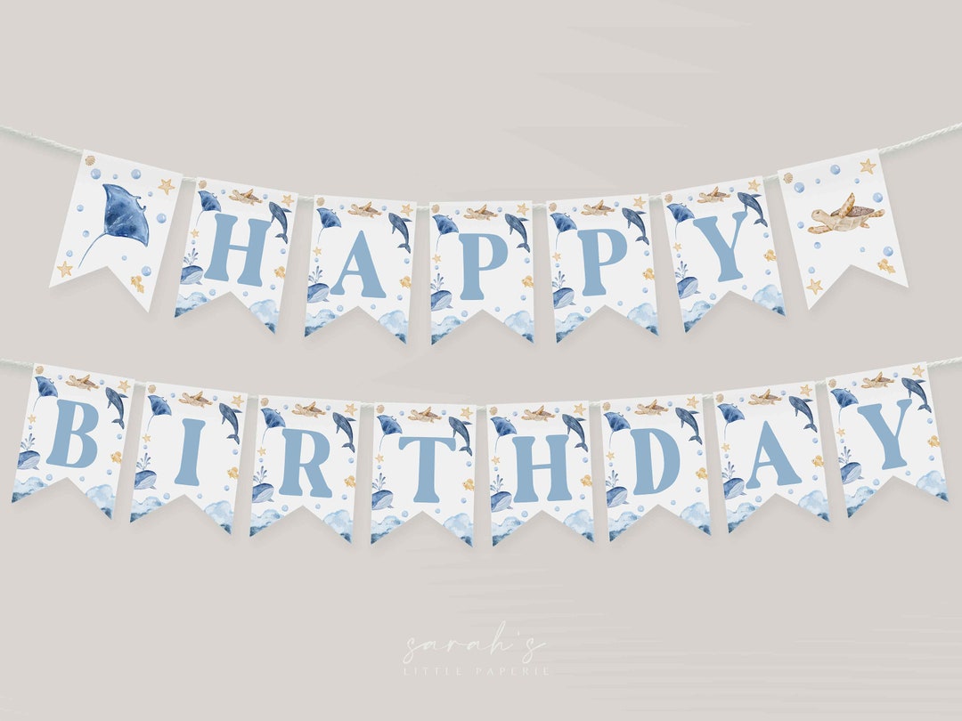 Ocean Birthday Editable Flag Banner, Nautical Kids Birthday Party ...