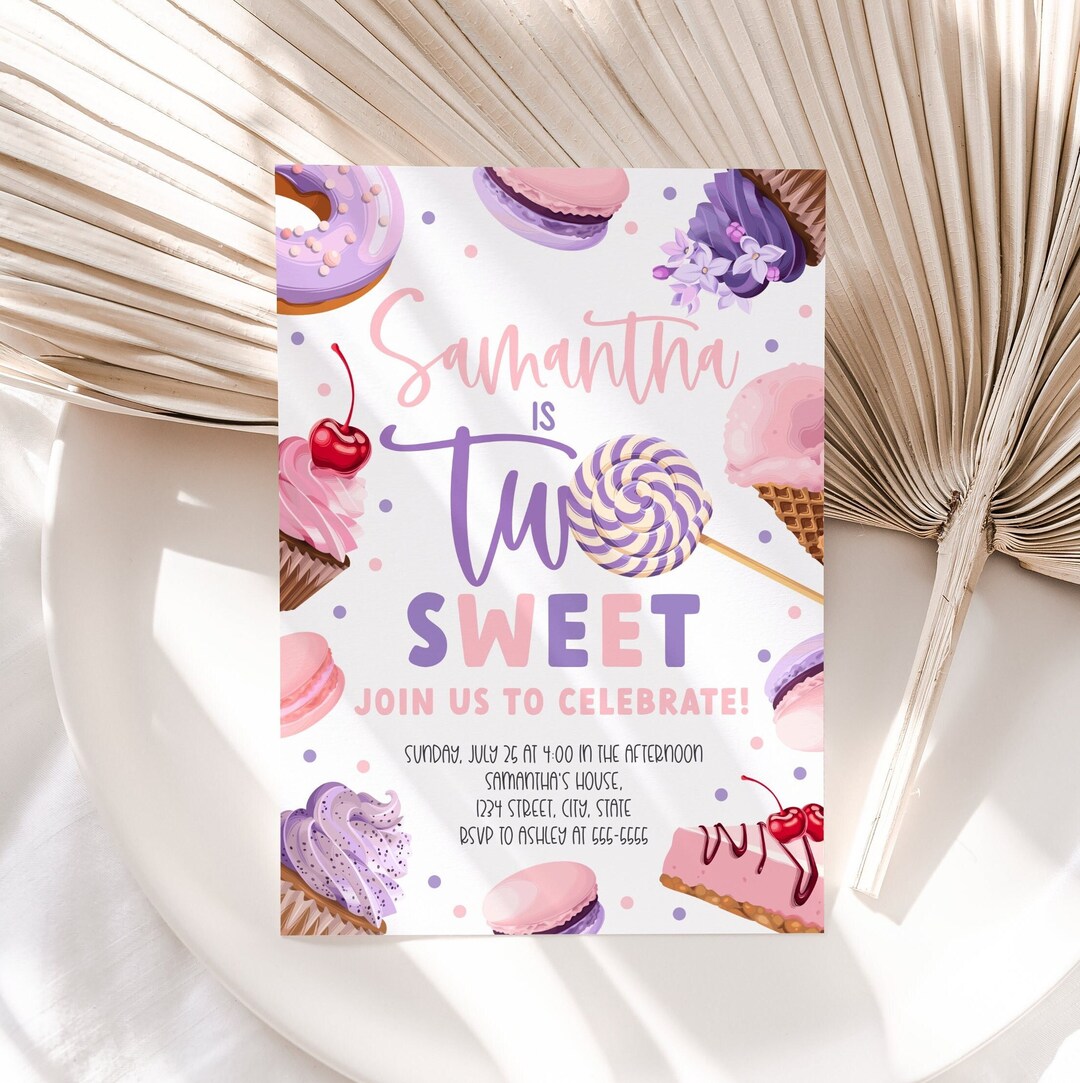 Two Sweet Invitation, Lavender & Pink Sweets Birthday Party Invitation ...
