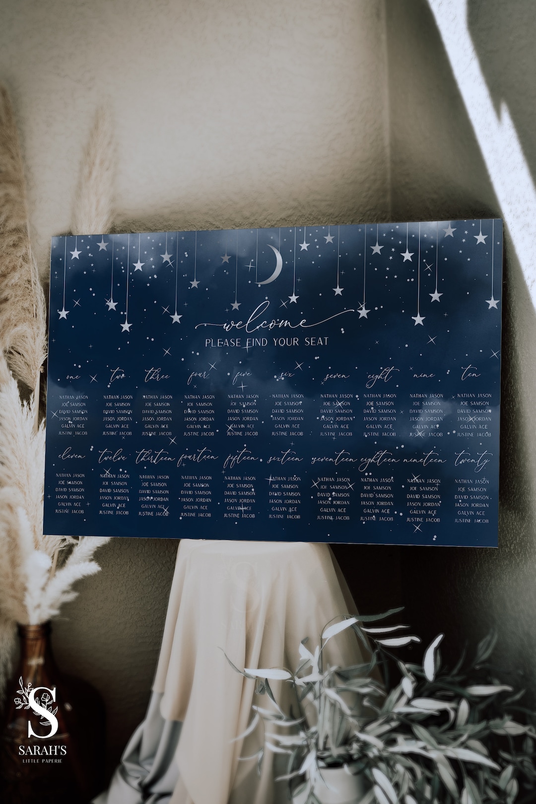 Moon Stars Seating Chart, Navy Blue and Silver Seating Sign, Editable ...