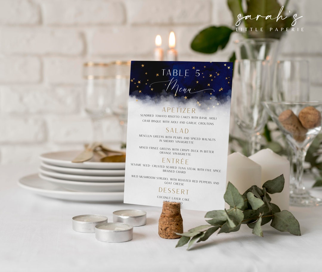 Celestial Menu Template, Editable Wedding Menu, Navy and Gold Stars ...