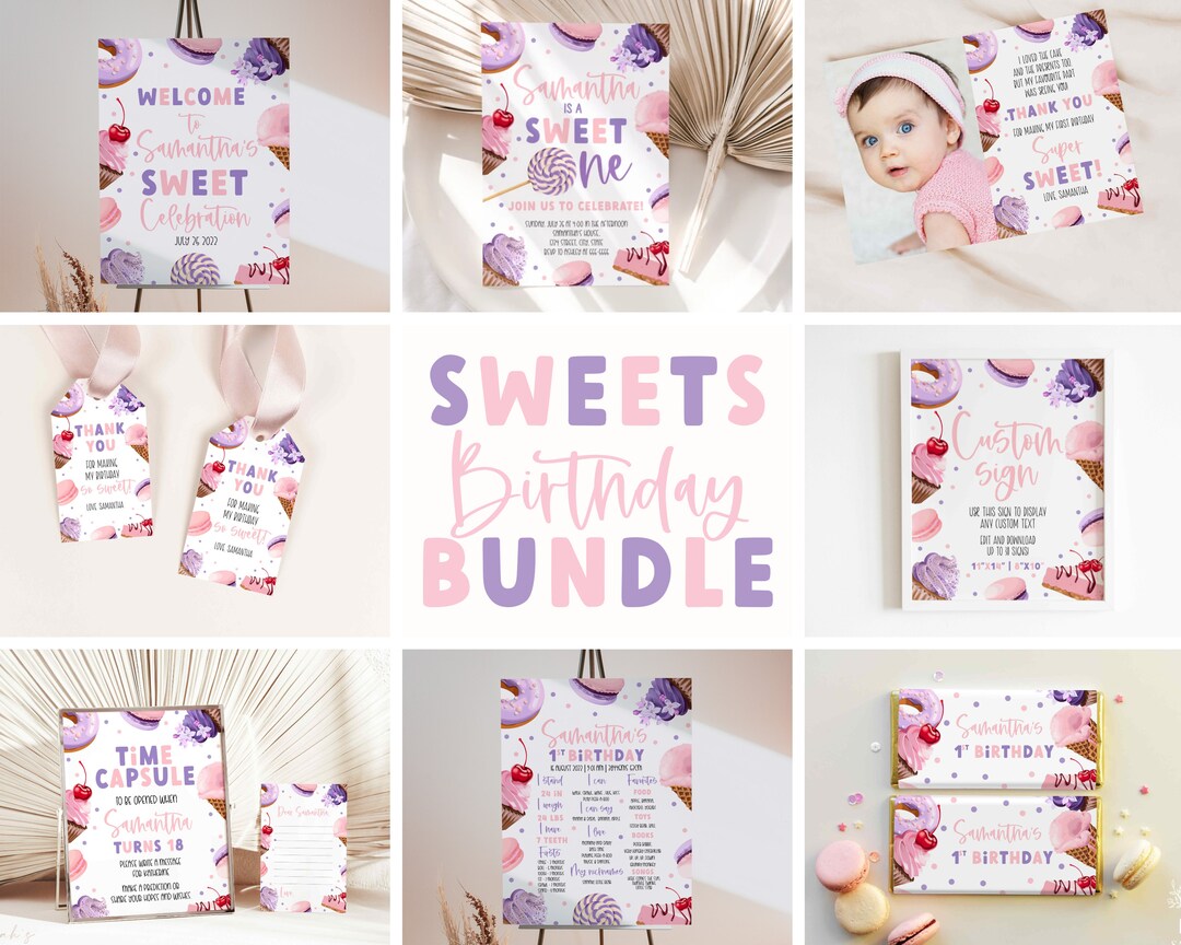 Sweet One Birthday Bundle, Pastel Sweets Birthday Invite Set,, Donut ...